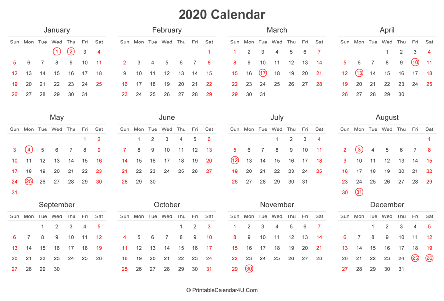 2020 Calendar with UK Bank Holidays highlighted (Landscape Layout)