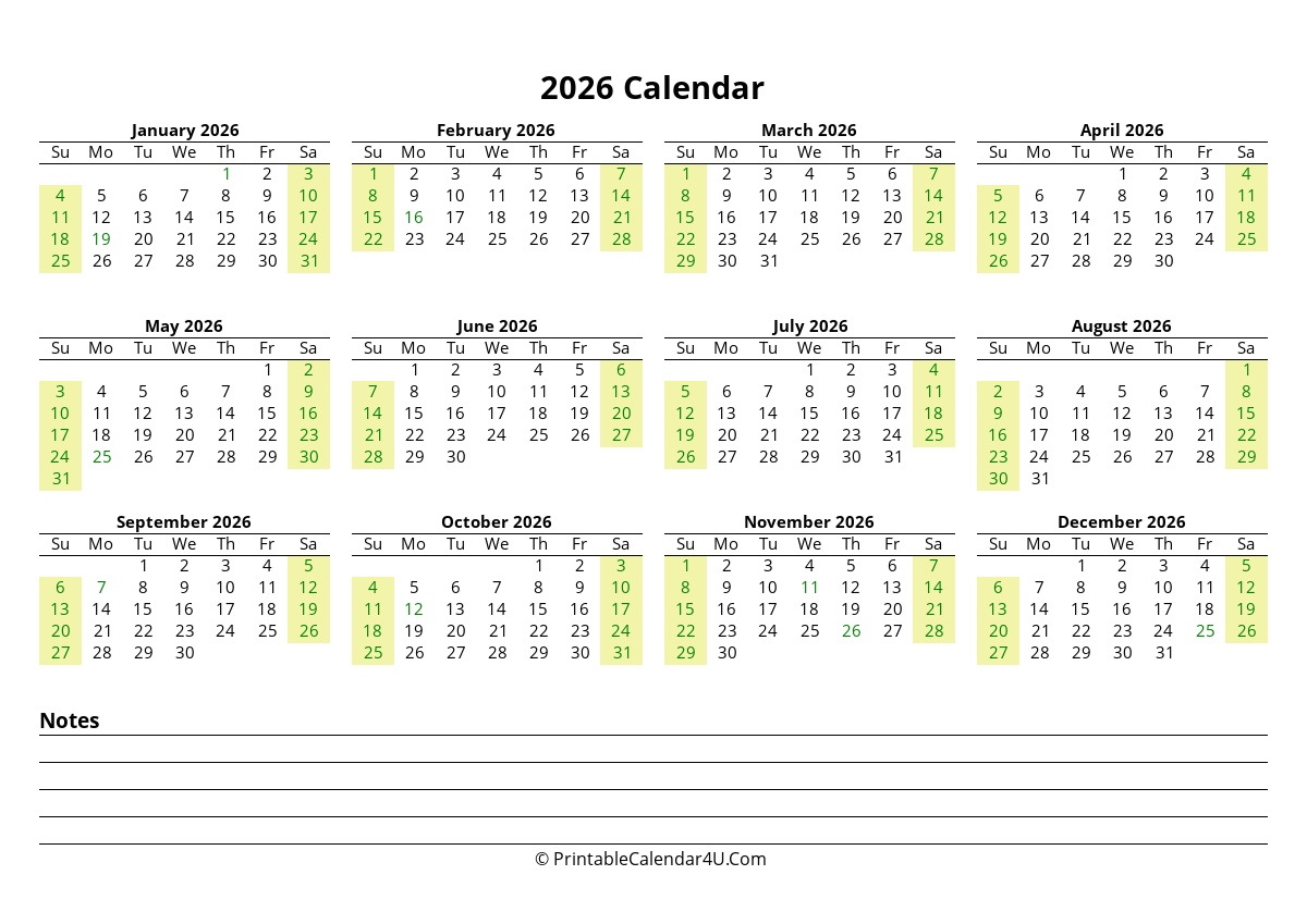 2026 Calendar with US Holidays and Notes (Landscape Layout)