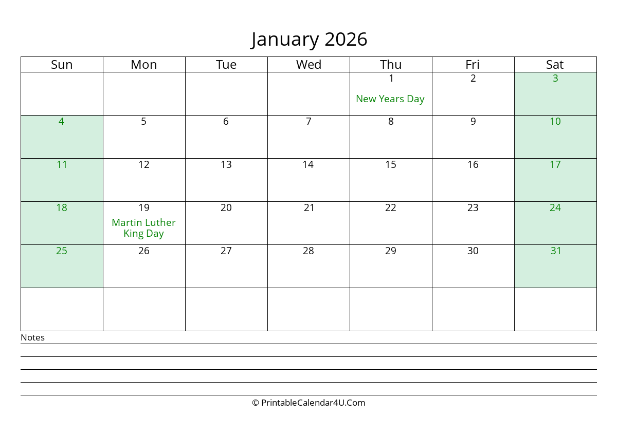 January 2026 Calendar with US Holidays and Notes (Landscape Layout)