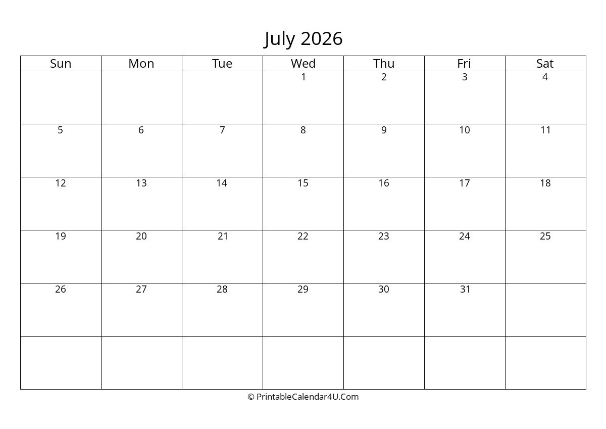 July 2026 Calendar Printable (Landscape Layout)