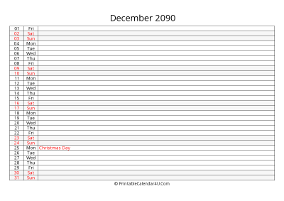December 2090 Calendar Templates