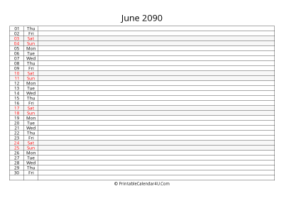 June 2090 Calendar Templates