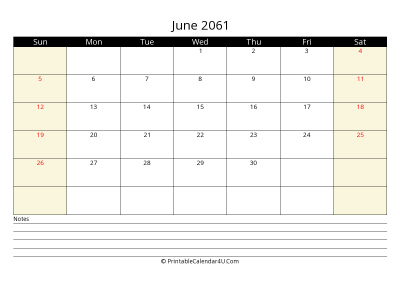 June 2061 Calendar Templates