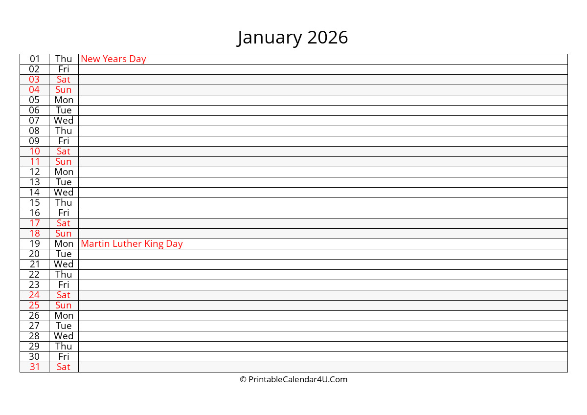 January 2026 Calendar Monday Start Printable