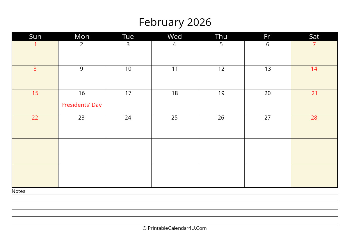 2026 February Calendars | PrintableCalendar4U.Com