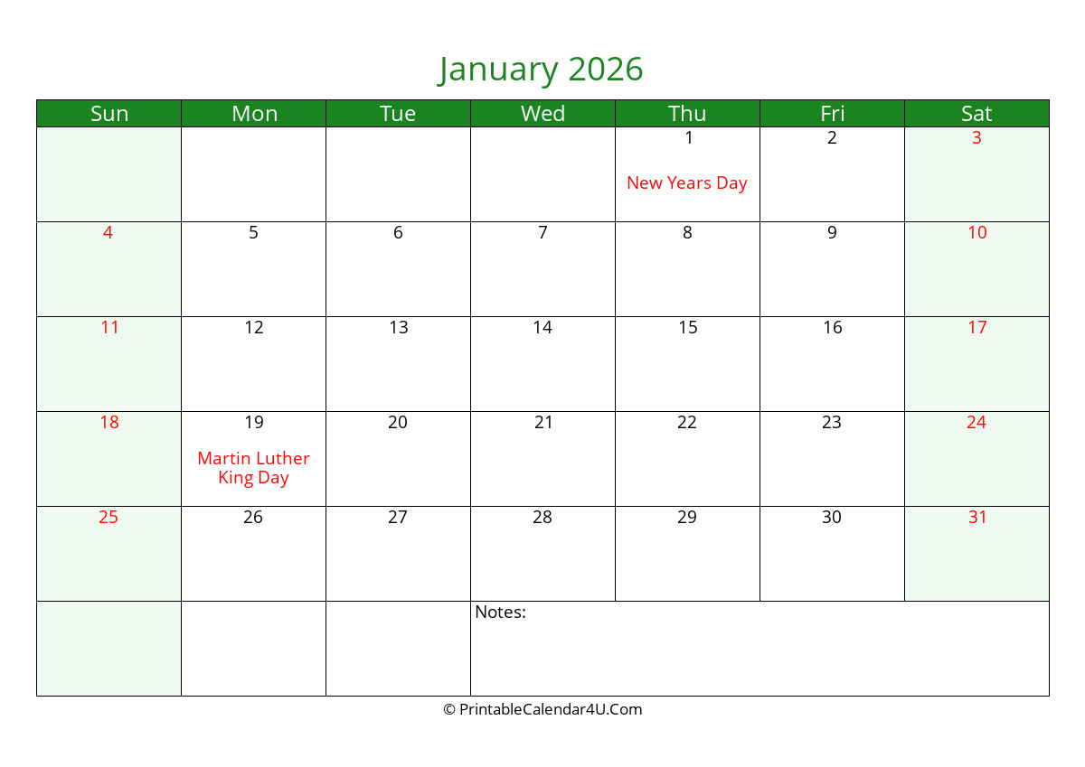 2026 January Calendars | PrintableCalendar4U.Com